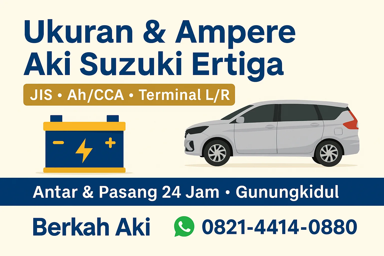 Ukuran Aki Suzuki Ertiga – Ah/CCA, JIS–DIN & Terminal - Berkah Aki